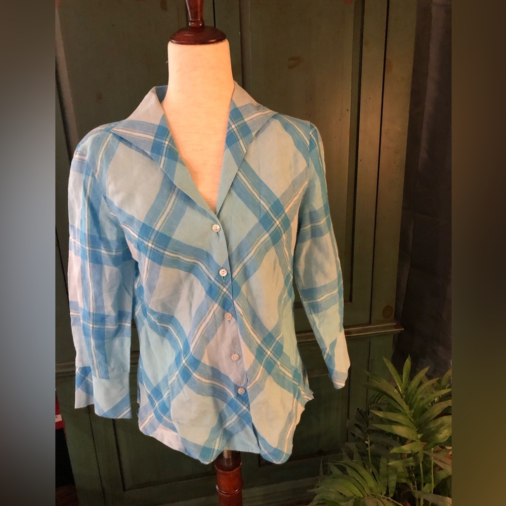 Talbots Light Blue Plaid Linen Blouse Size 8 - Gem